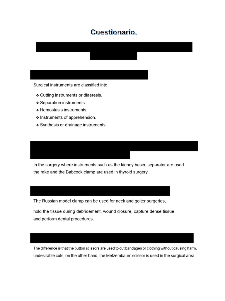 Questionnaire | PDF | Surgery | Medical Specialties