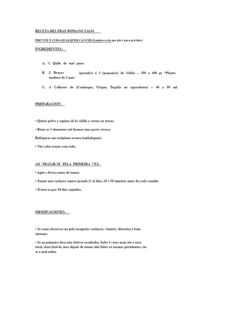 Receita do Fray Romano Zago para Câncer | PDF | Câncer | Império Romano