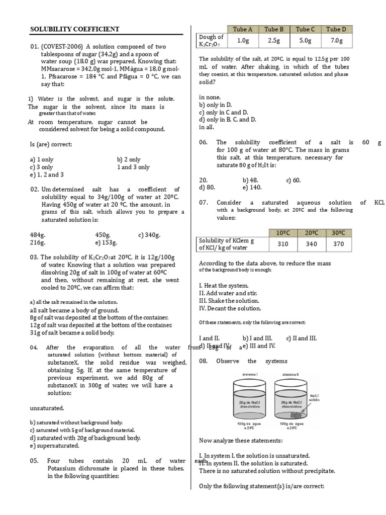 Exercises On SOLUBILITY COEFFICIENT and Solutions | PDF | Solubility ...