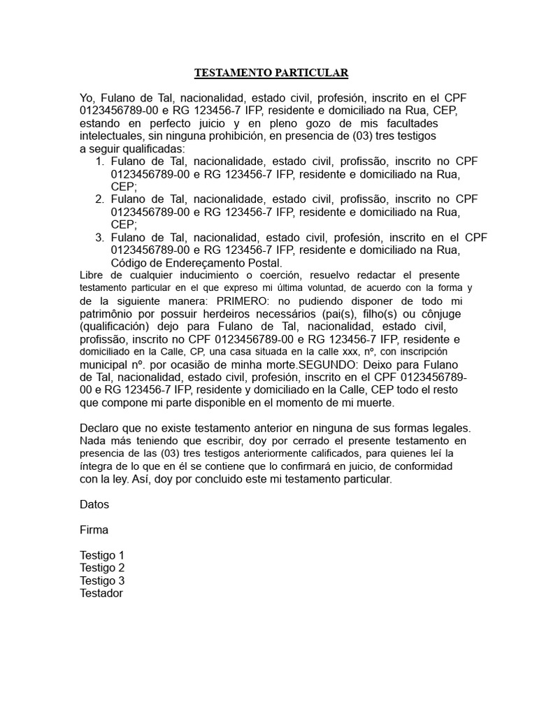 Modelo de Testamento Particular Attach s500671 | PDF