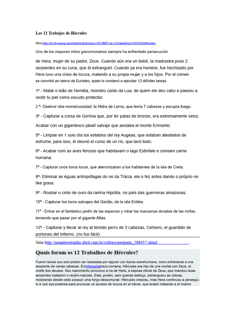 Los 12 Trabajos de Hércules: Mitos y Tareas | PDF