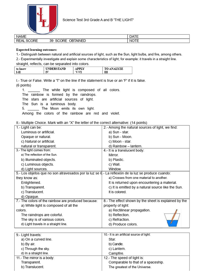 3rd Grade Science Test on Light Sources | PDF | Light | Rainbow