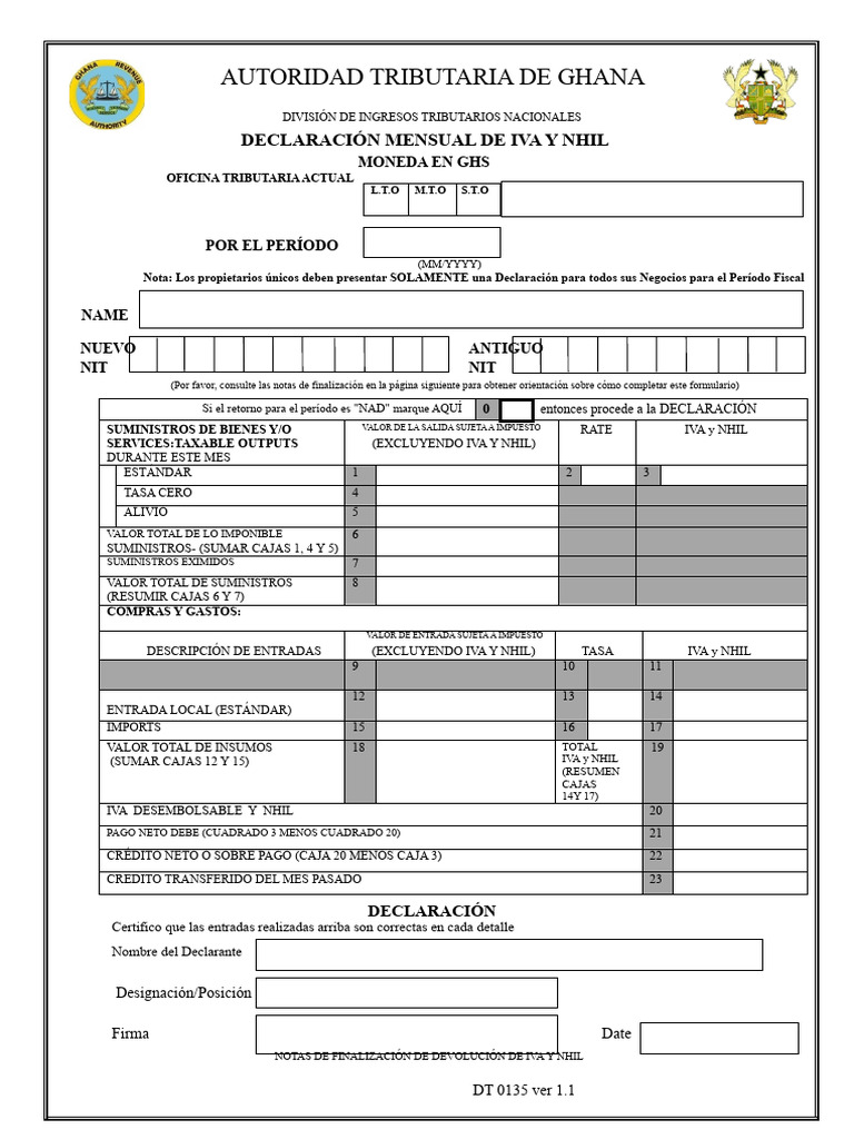 DT 0135 Formulario de Declaración de Tasa Estándar de IVA NHIL v1 | PDF ...