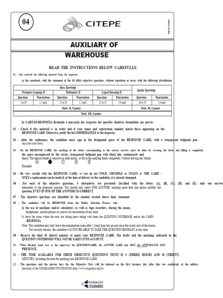 Warehouse Auxiliary Exam Instructions | PDF | Warehouse | Receipt