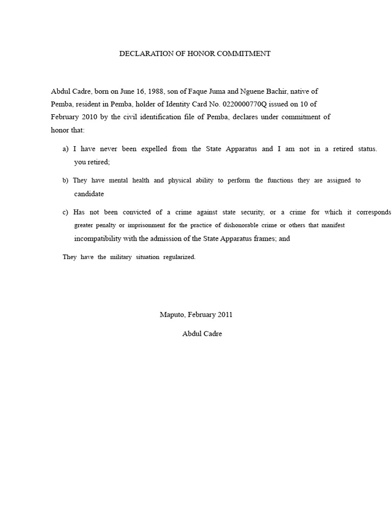 DECLARATION OF HONOR COMMITMENT For Atija | PDF