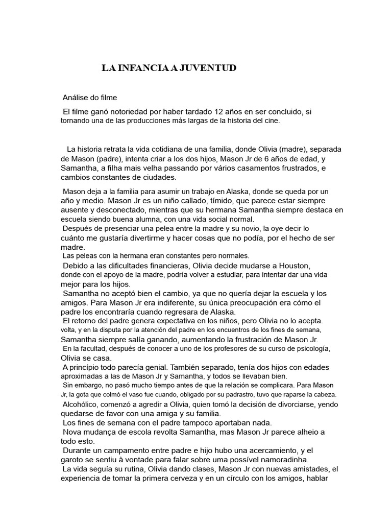 Trabajo de Psicología - Análisis de La Película Boyhood de La Infancia A La Juventud | PDF ...