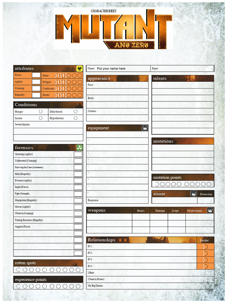 Editable Character Sheet for Mutants | PDF | Psychology