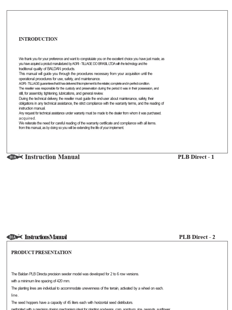 Baldan PLB Direct Seeder Instruction Manual | PDF | Tractor | Manual ...