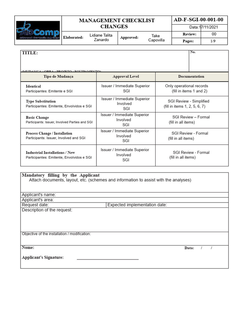 AD-F-SGI-00-002-00 - Change Management Checklist | PDF