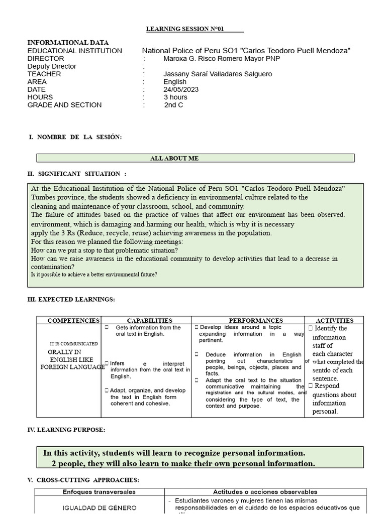 SESSION 01 - All About Me - 2nd Year of Secondary C May 25 | PDF ...
