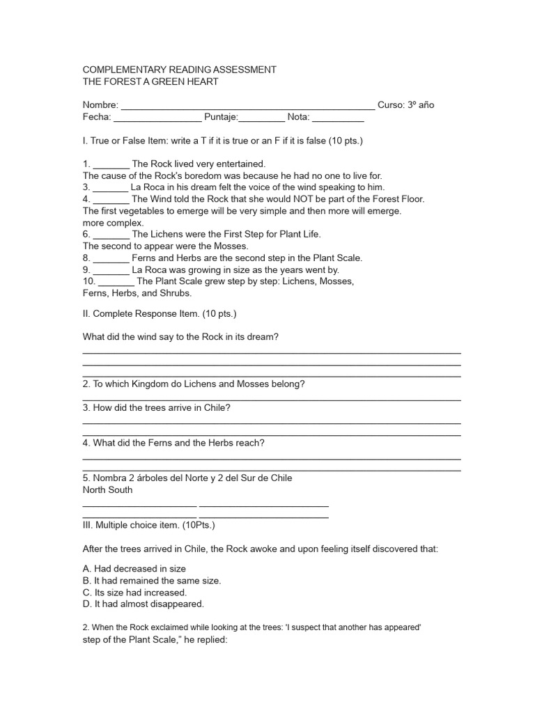 EVALUATION OF COMPLEMENTARY READING Green Heart Forest | PDF | Plants ...