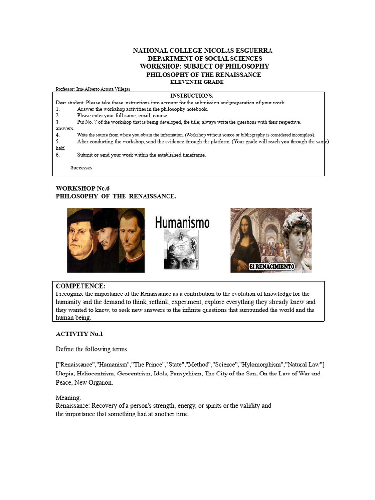 WORKSHOP No. 6 THE PHILOSOPHY OF THE RENAISSANCE | PDF | Science ...