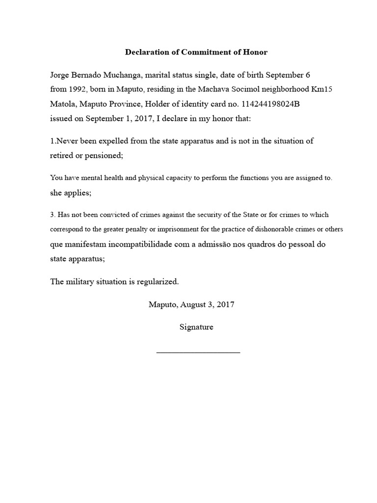 Commitment of Honor Declaration | PDF