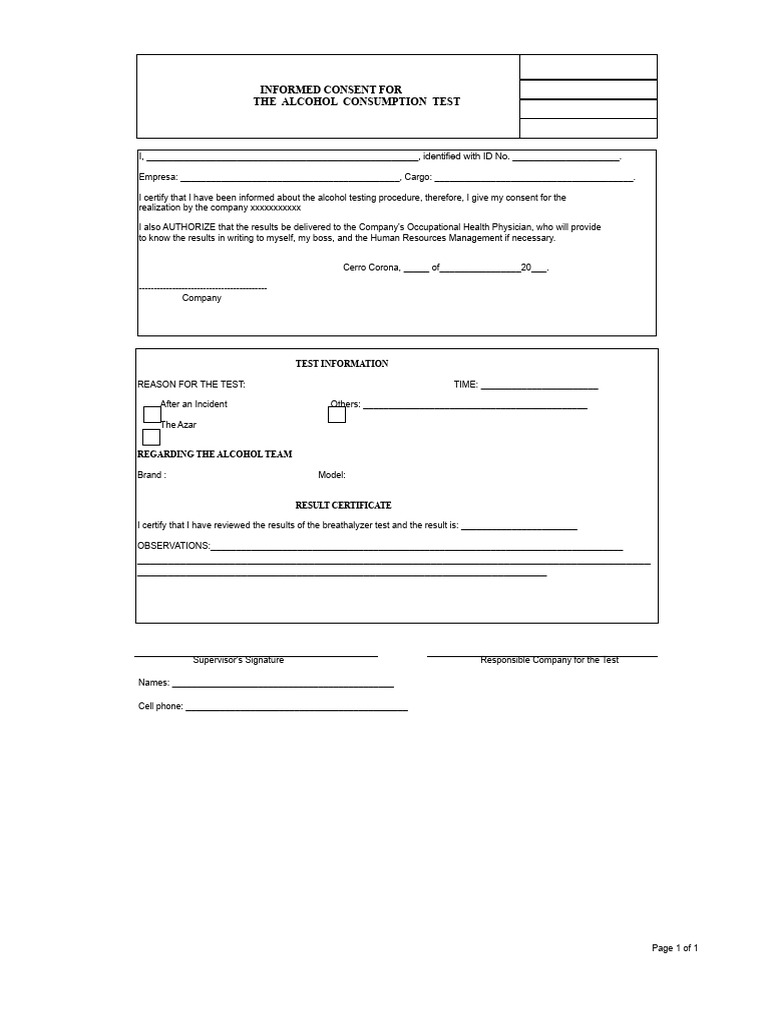Alcohol Consumption Test Consent Form | PDF