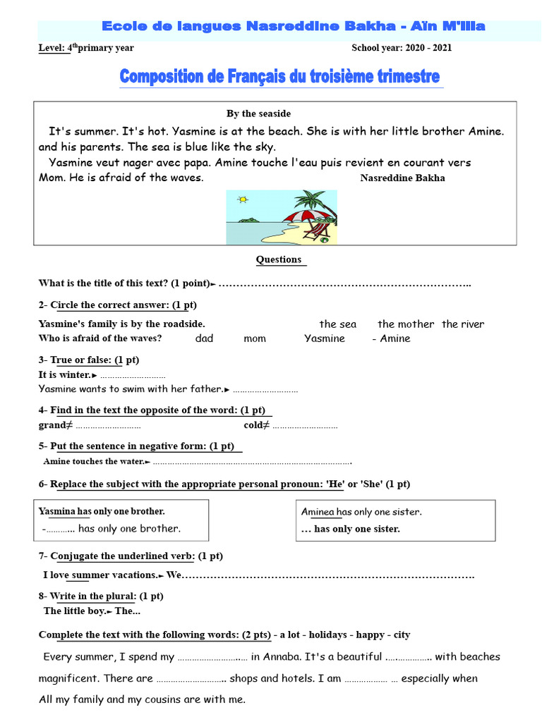 Dzexams 4ap French t3 20211 406047 | PDF | Language Mechanics | Languages