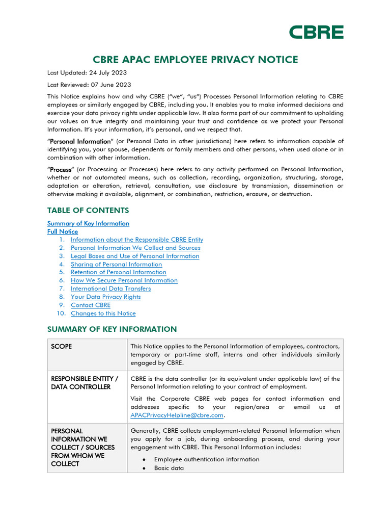 CBRE APAC Employee Privacy Notice | PDF | Employment | Information