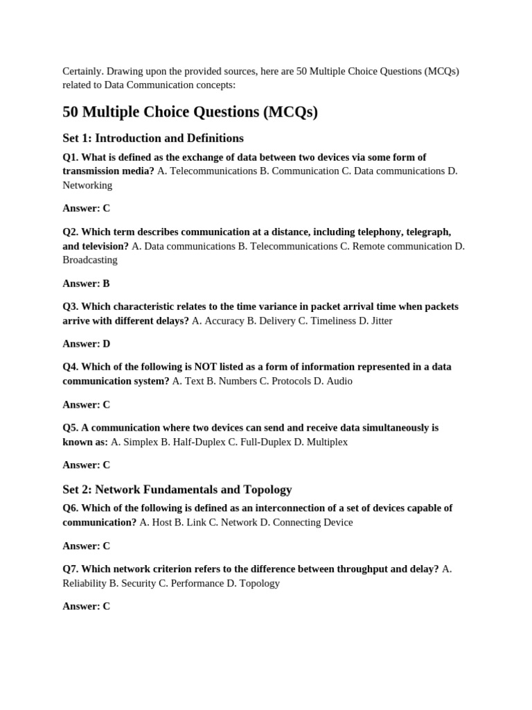 50 Data Communication MCQs for Learning | PDF | Multiplexing | Channel ...