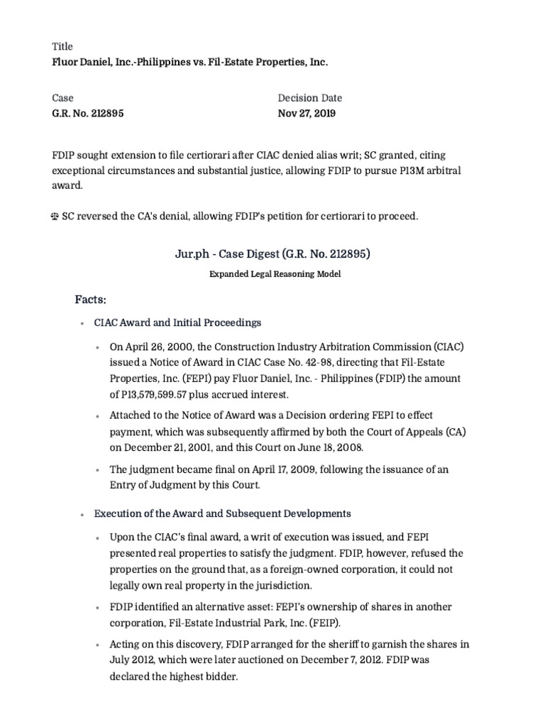 11 Case Digest_ G.R. No. 212895 - Fluor Daniel, Inc.-philippines vs. Fil-Estate Properties, Inc ...