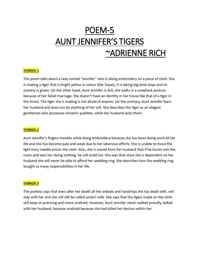 Aunt Jennifer's Tigers | PDF