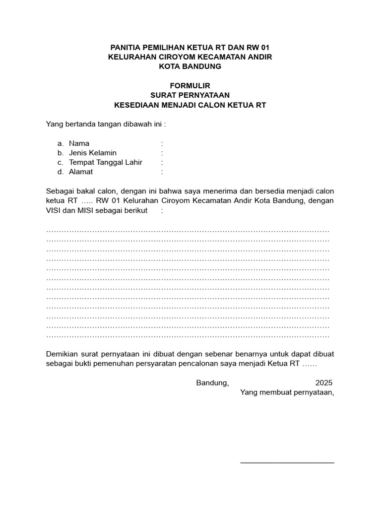 Formulir Pendaftaran Ketua RT (1) | PDF