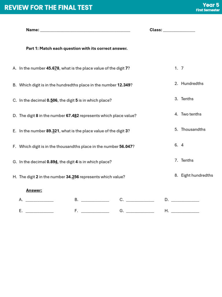 Year 5 Final Test Review Guide | PDF | Numbers | Area