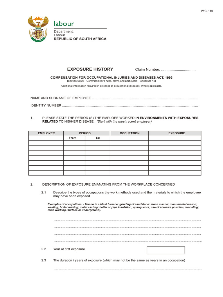 Occupational Exposure History Form | PDF | Occupational Safety And ...