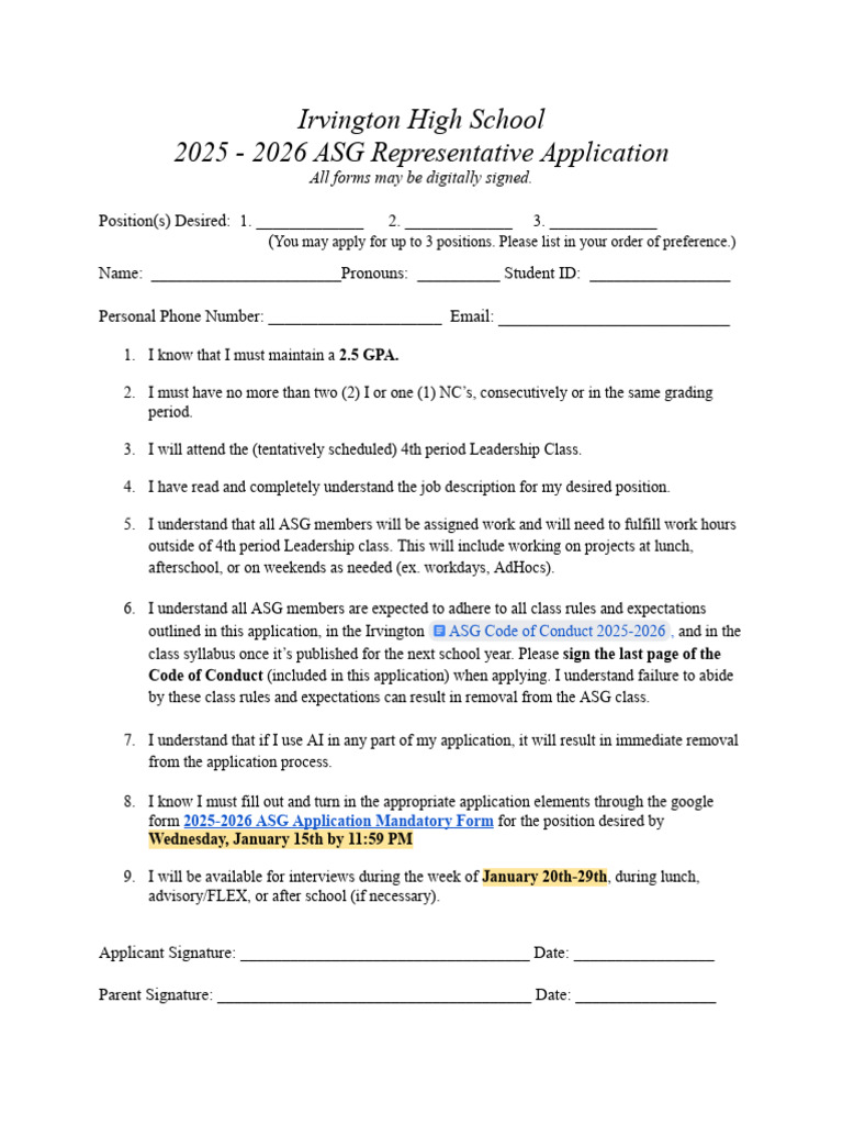 2025 - 2026 ASG Representative Application - Google Docs | PDF