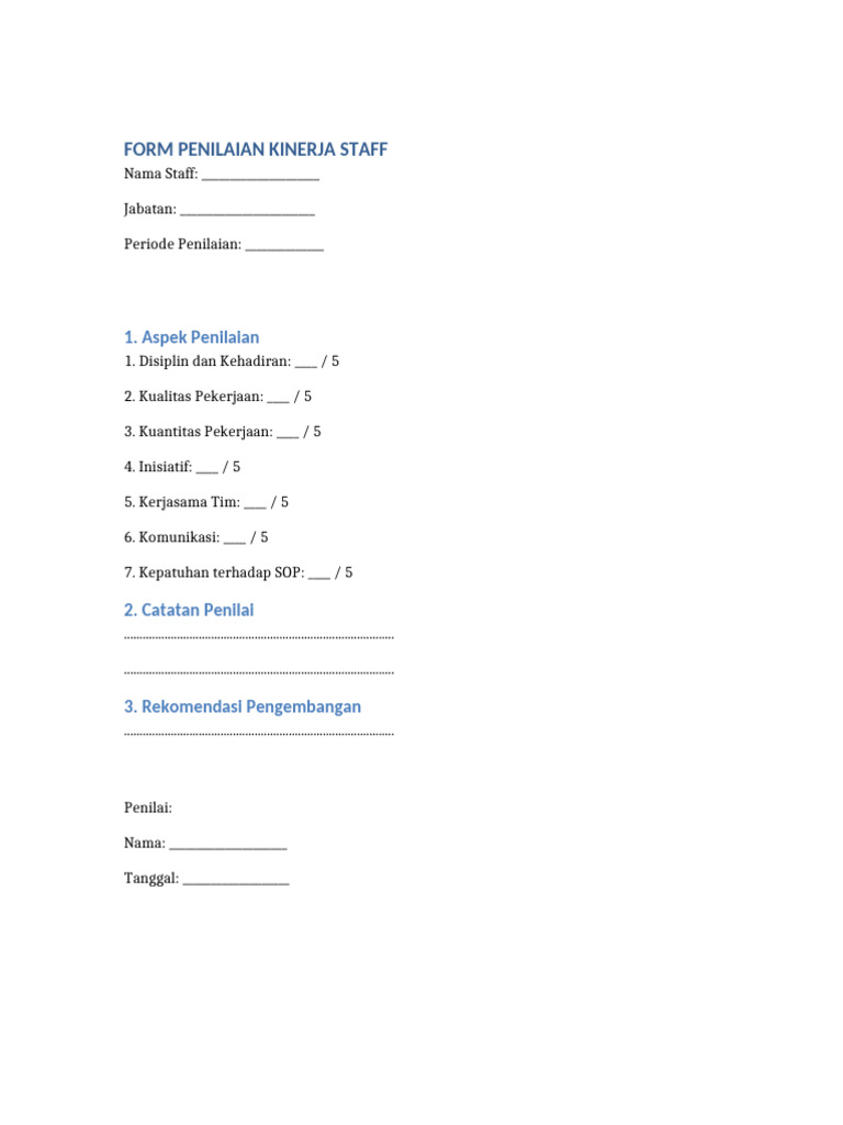 Form Penilaian Kinerja Staff | PDF