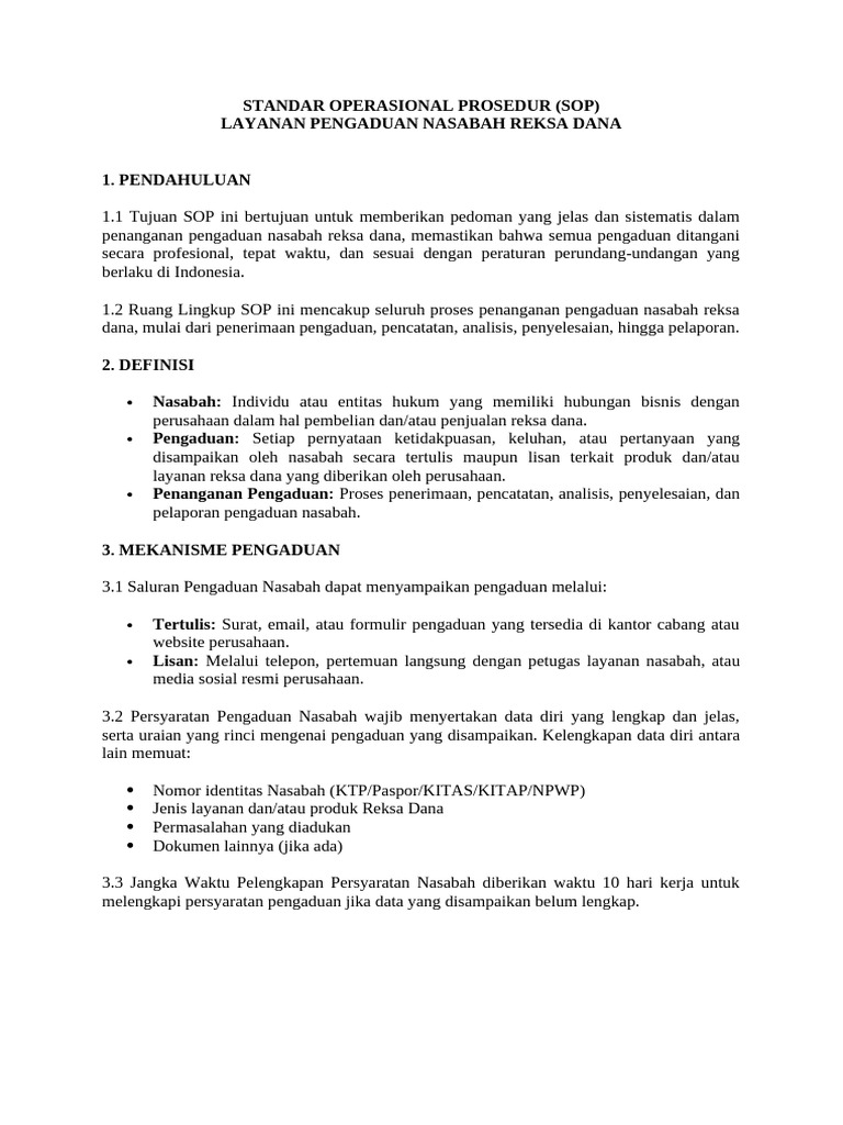 SOP Pelayanan Pengaduan Nasabah Reksa Dana | PDF