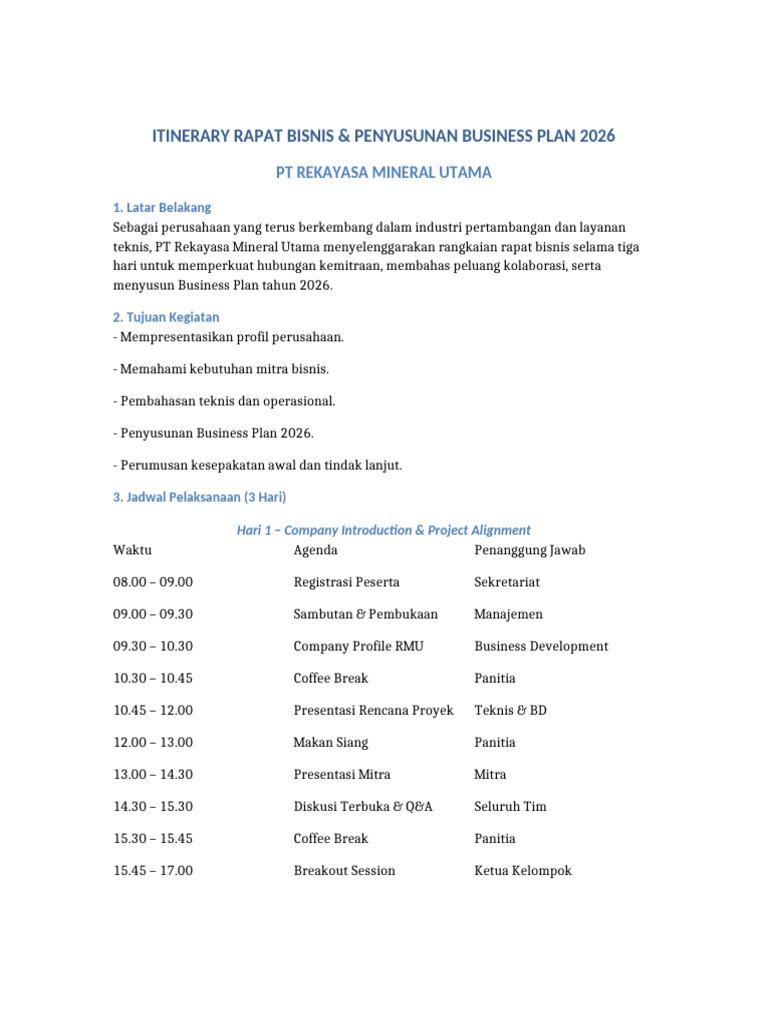 Itinerary BusinessPlan RMU 2026 Tabel | PDF
