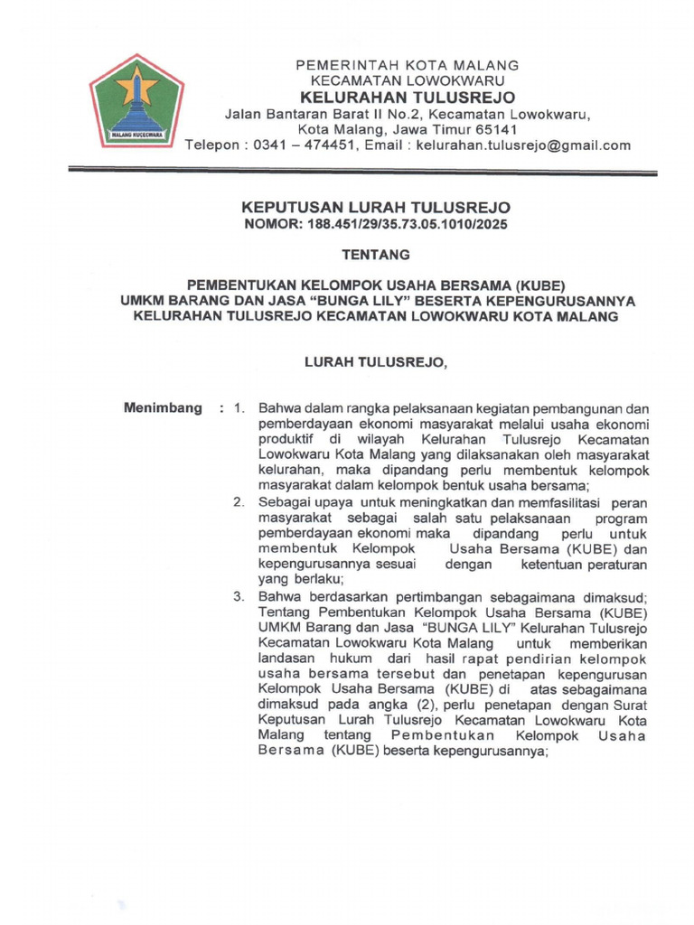 SK Kube Kelurahan Tulusrejo.. | PDF