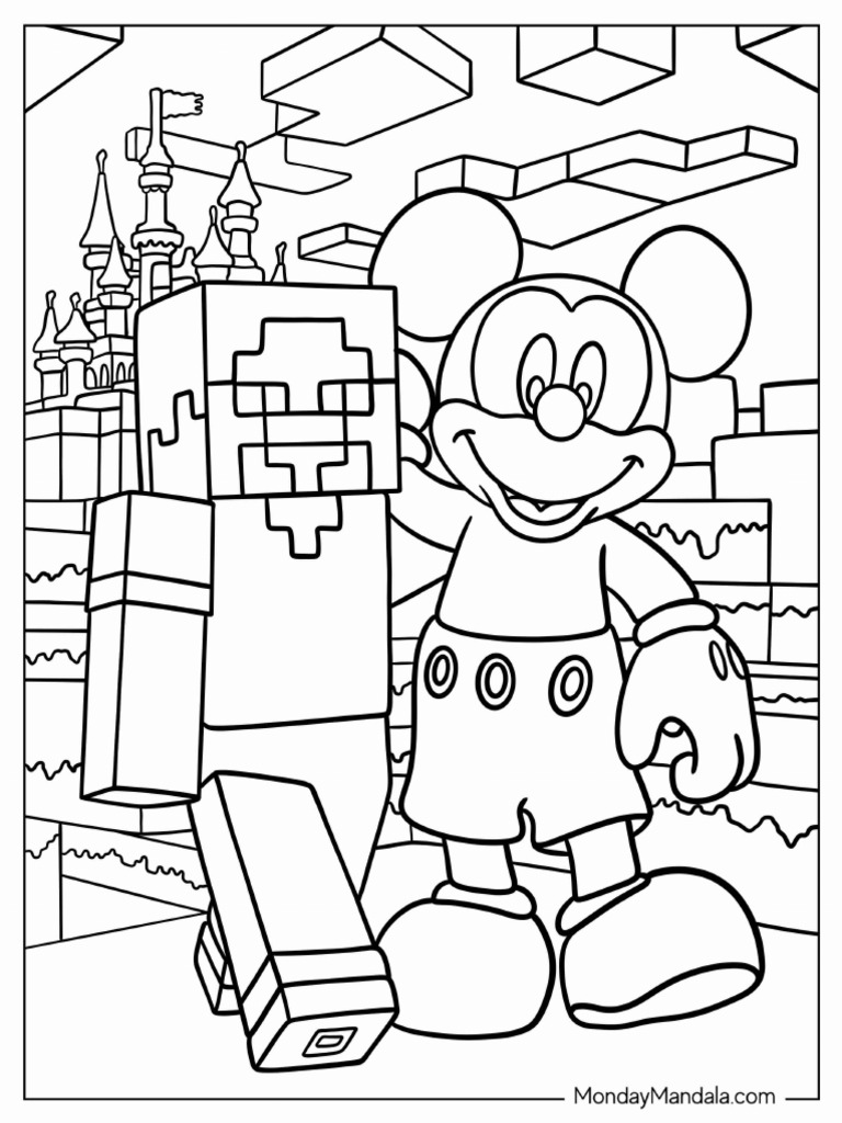 Smiling Mickey Mouse Walking With Minecraft Steve Coloring Page | PDF