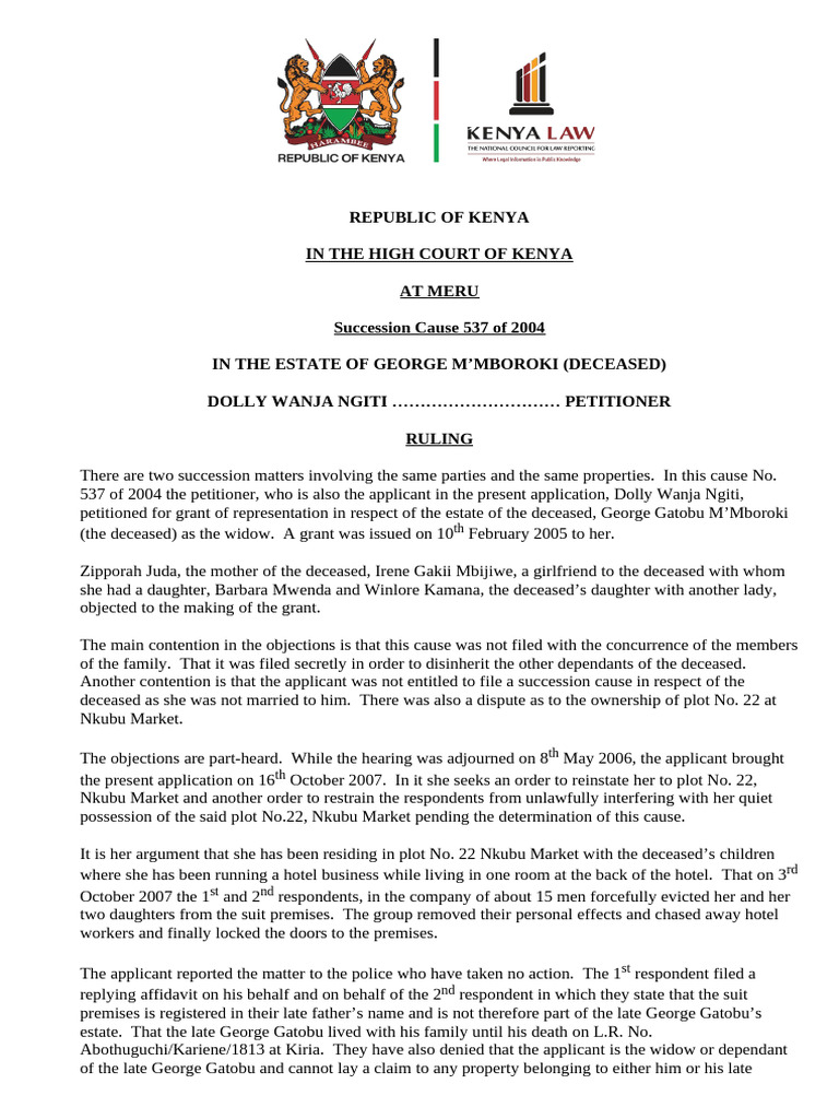 Succession Ruling: Estate of George M’Mboroki | PDF | Precedent ...