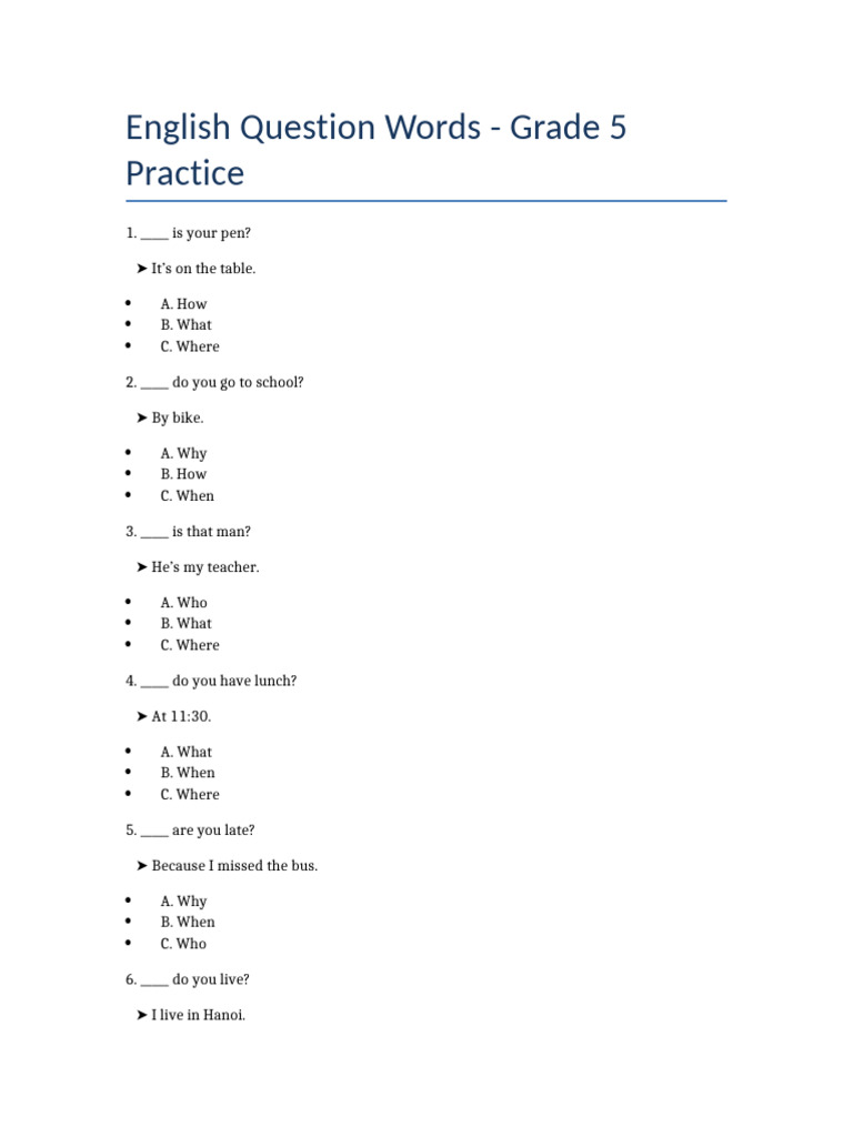 Grade 5 English Question Words Quiz | PDF