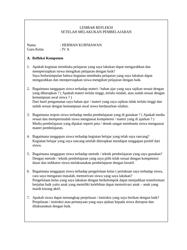 Refleksi Pembelajaran Kelas IV A | PDF
