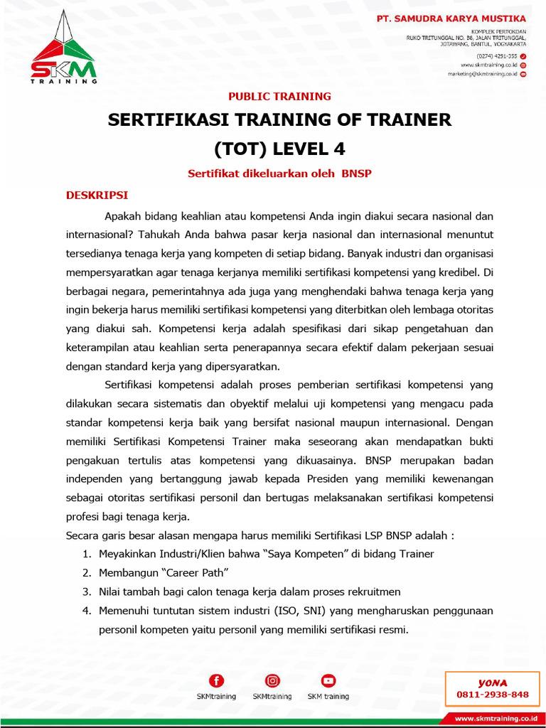 Sertifikasi Trainer TOT BNSP Level 4 | PDF