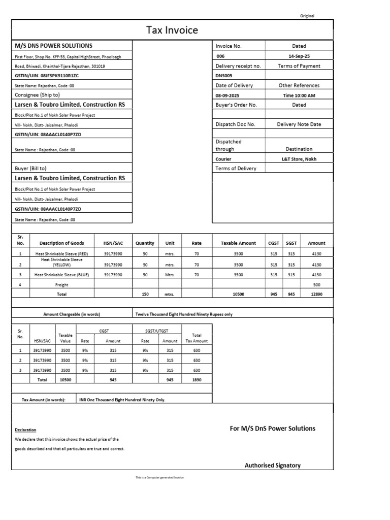 Invoice No. 006 Heat Shrinkable Sleeve (R, Y, B) | PDF | Invoice ...