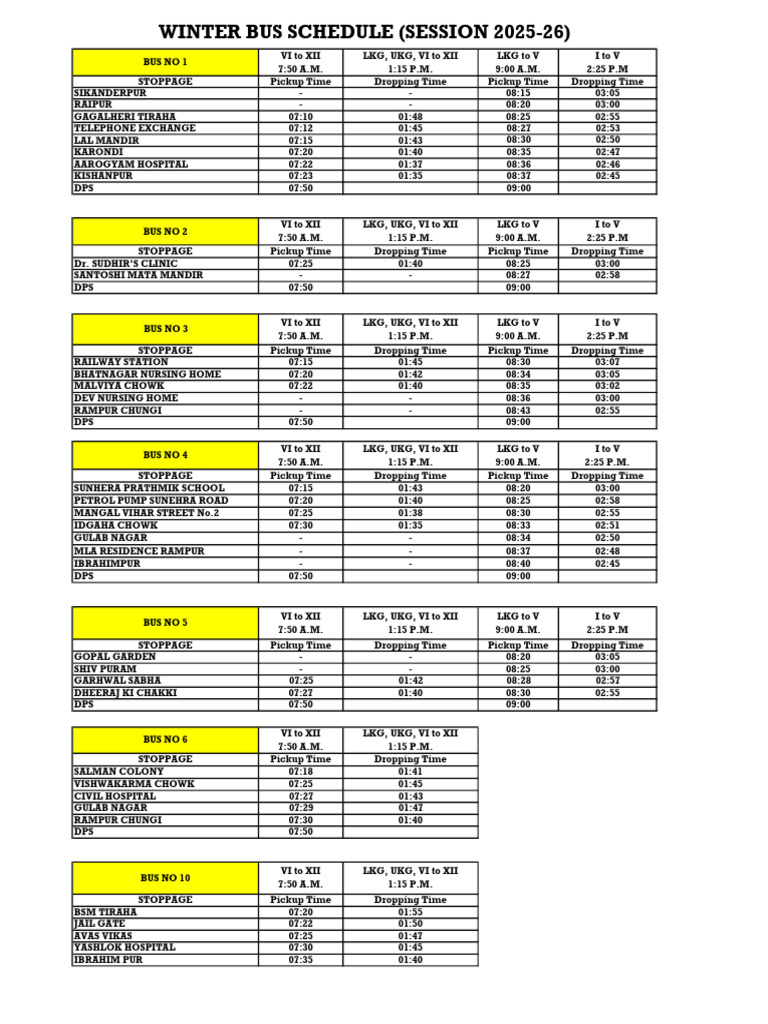 Winter Bus Schedule 2025-26 | PDF