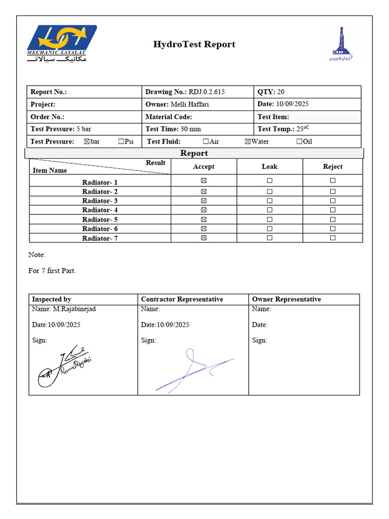 Hydro Test Report | PDF