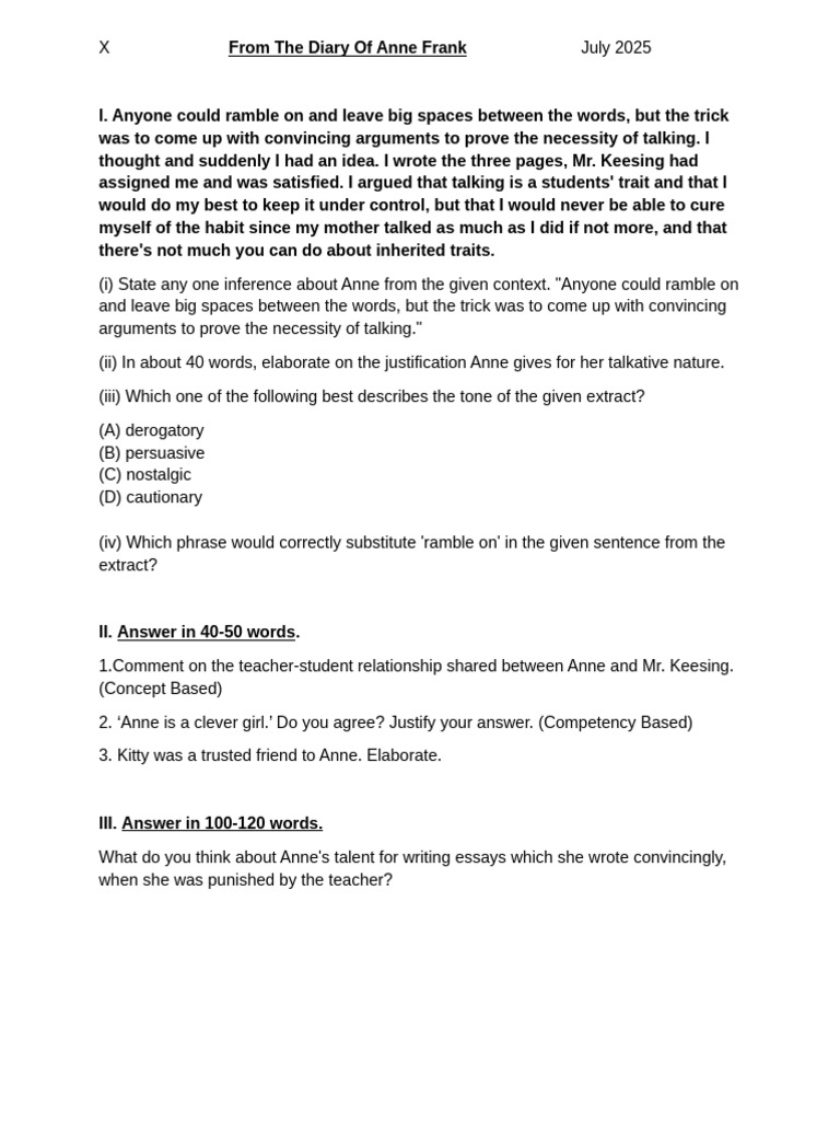X From The Diary of Anne Frank Assignment Questions | PDF