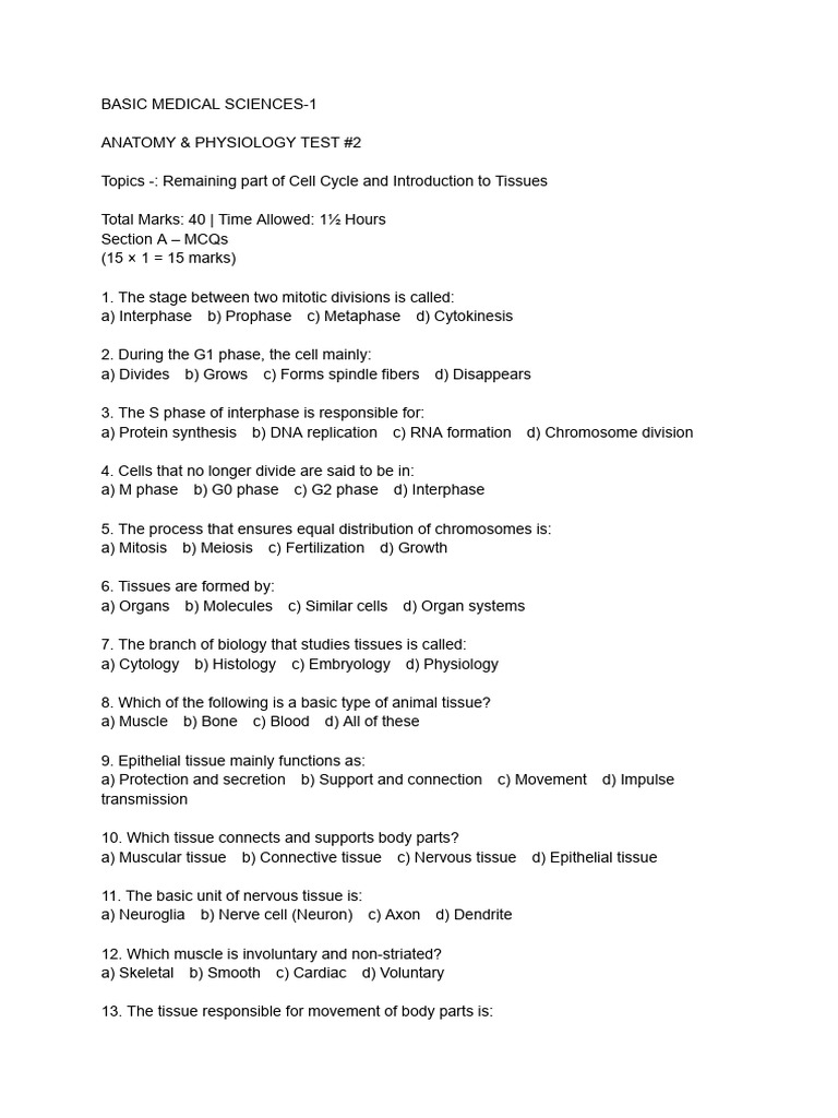 Anatomy & Physiology Test: Cell Cycle & Tissues | PDF | Mitosis ...