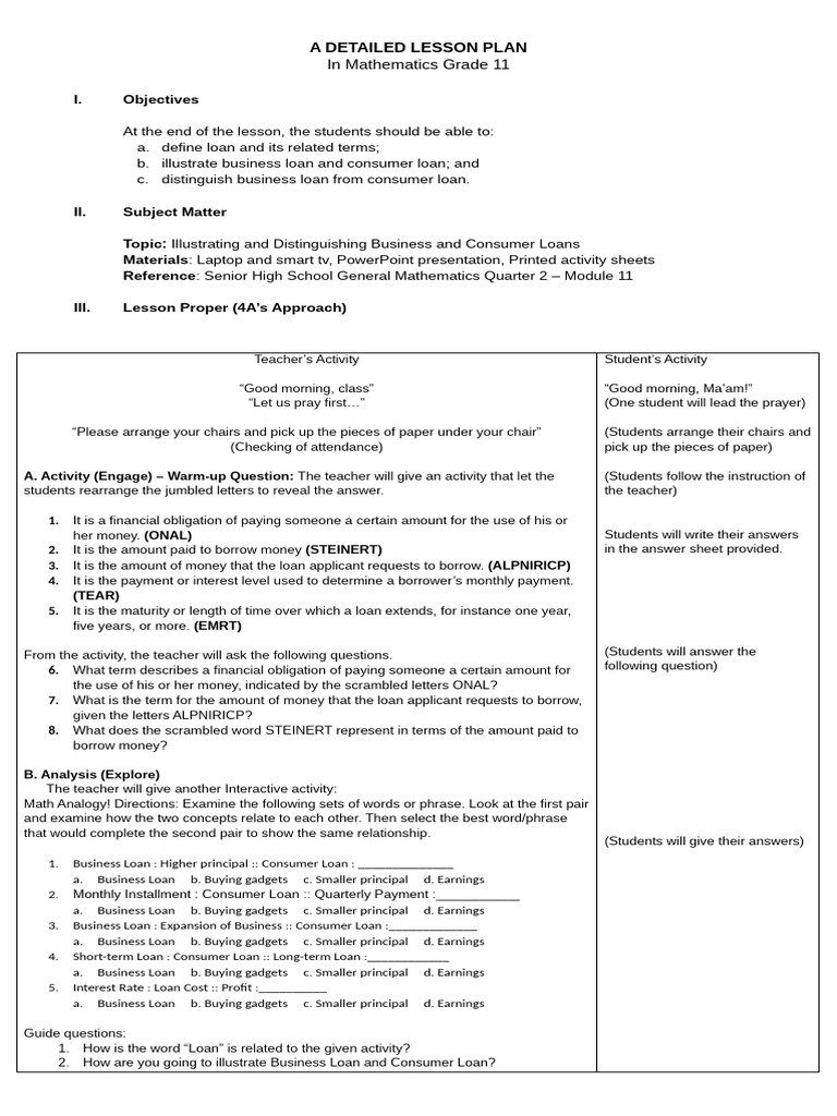 Business vs Consumer Loans Lesson Plan | PDF | Loans | Finance & Money ...