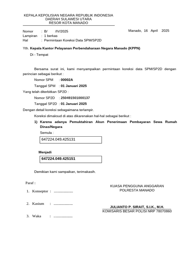 Permintaan Koreksi Data SPM/SP2D Manado | PDF