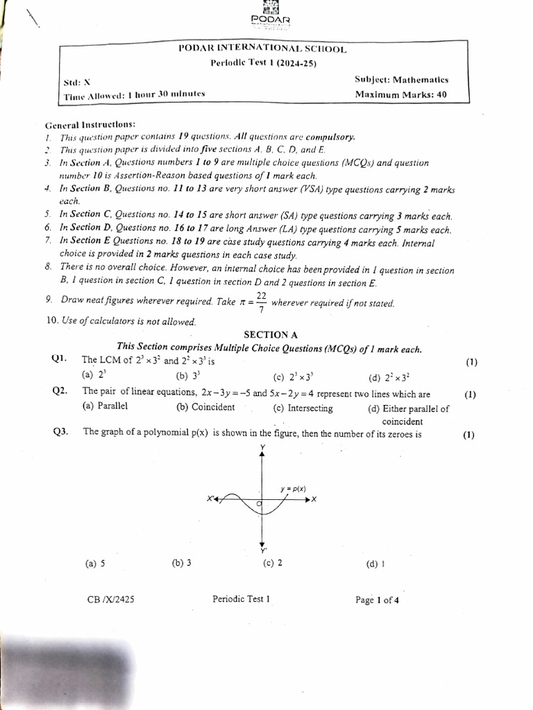 Mathematics Periodic Test 1 Paper 2024-25 | PDF | Algebra ...