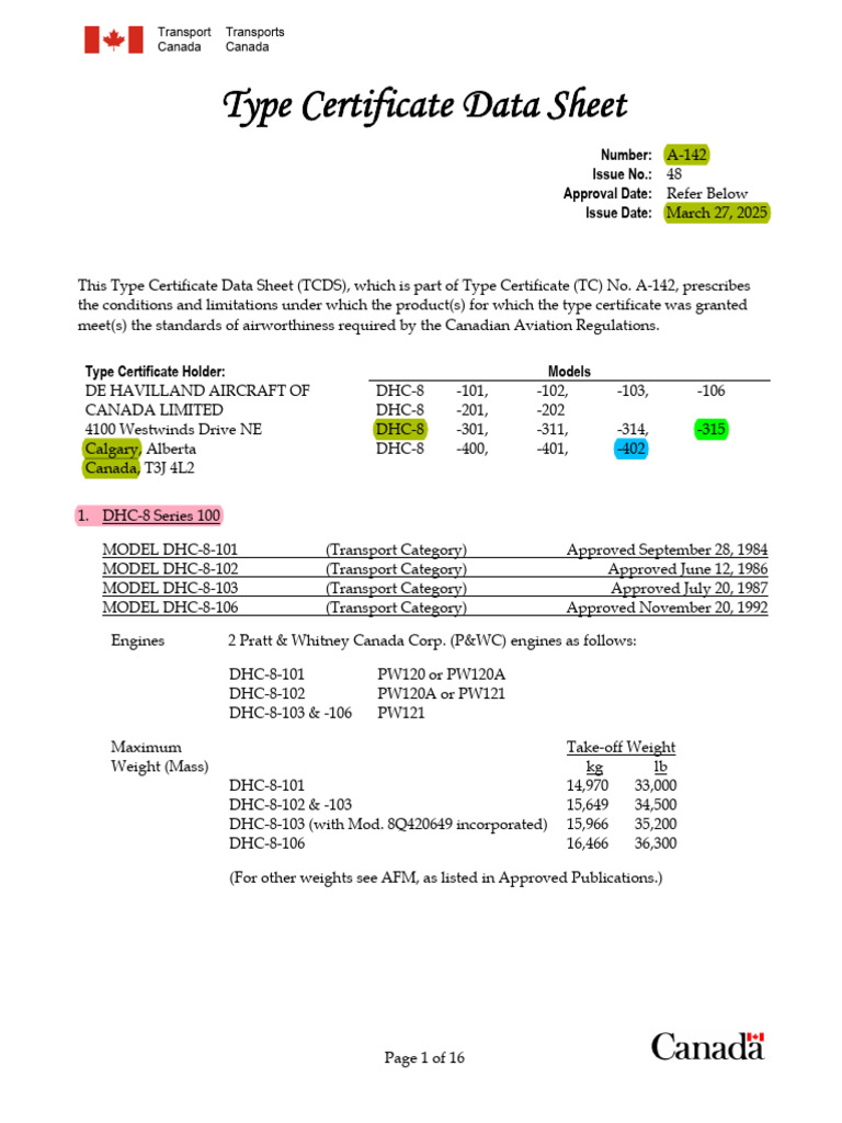 DHC-8 Type Certificate Data Sheet A-142 | PDF | Aviation | Aircraft