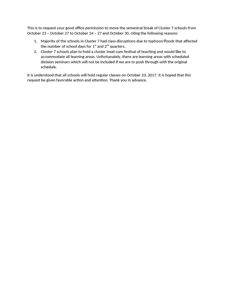 Request to Reschedule Cluster 7 Break | PDF