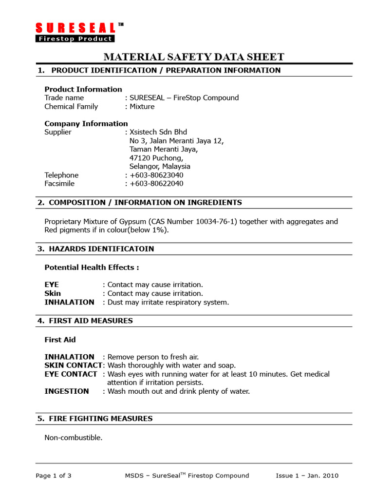 SureSeal FireStop Compound MSDS | PDF | Occupational Safety And Health ...