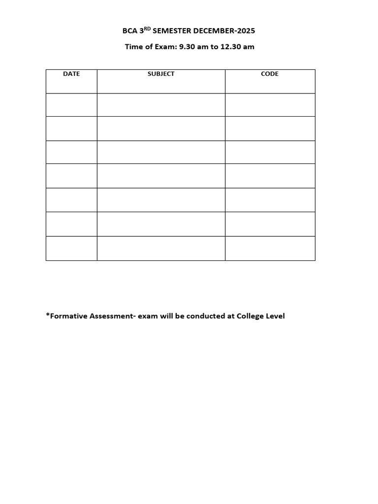 BCA 3rd Semester Exam Schedule 2025 | PDF