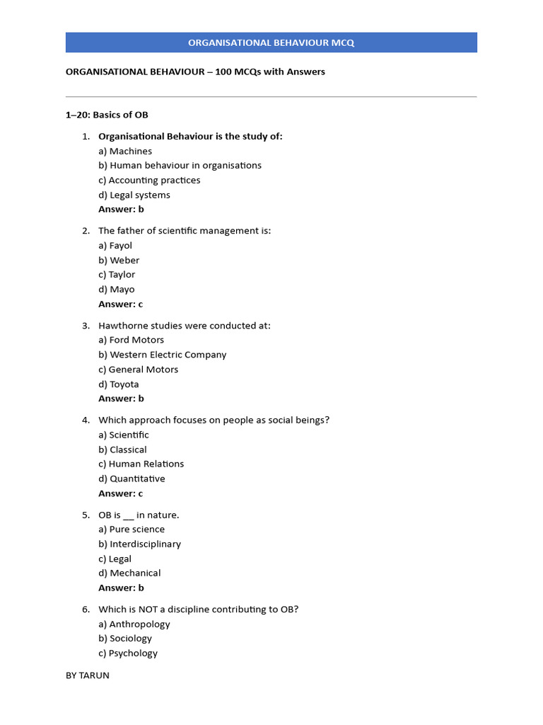 Organisational Behaviour Mcq | PDF | Organizational Behavior | Leadership