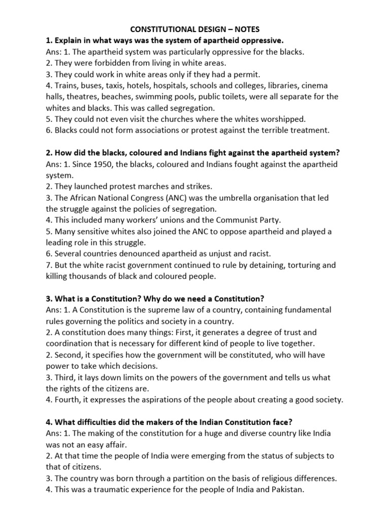 Notes Constitutional Design 2024 | PDF | Apartheid | Justice